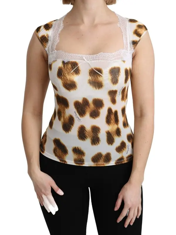 Roberto Cavalli Leopard Print Lace Trim Camisole Top - Brown