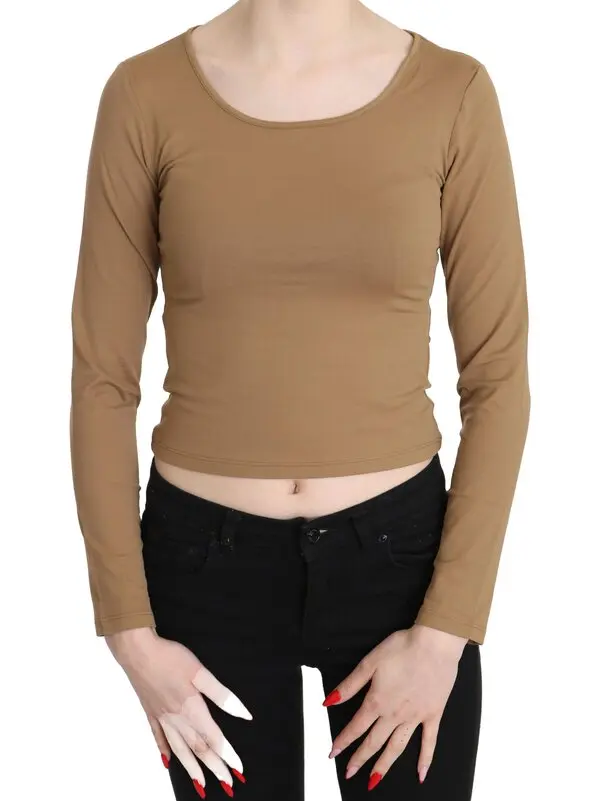 GF FERRE Round Neck Long Sleeve Slim Crop Top Blouse - Brown