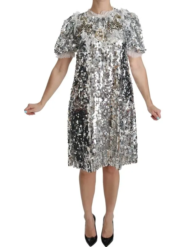 Dolce & Gabbana Sequined Crystal Shift Gown - Silver