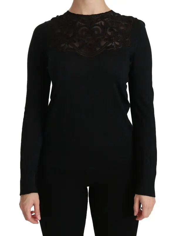 Dolce & Gabbana Silk Blend Lace Crew Neck Long Sleeve Blouse - Black