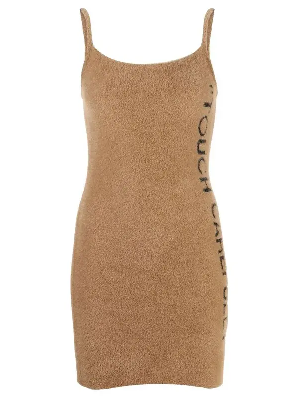 Off-White Slogan Detail Fuzzy Mini Dress - Camel