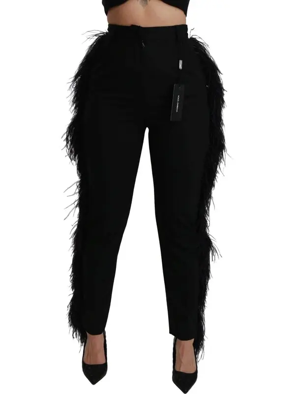 Dolce & Gabbana Feather Straight High Waist Wool Pants - Black