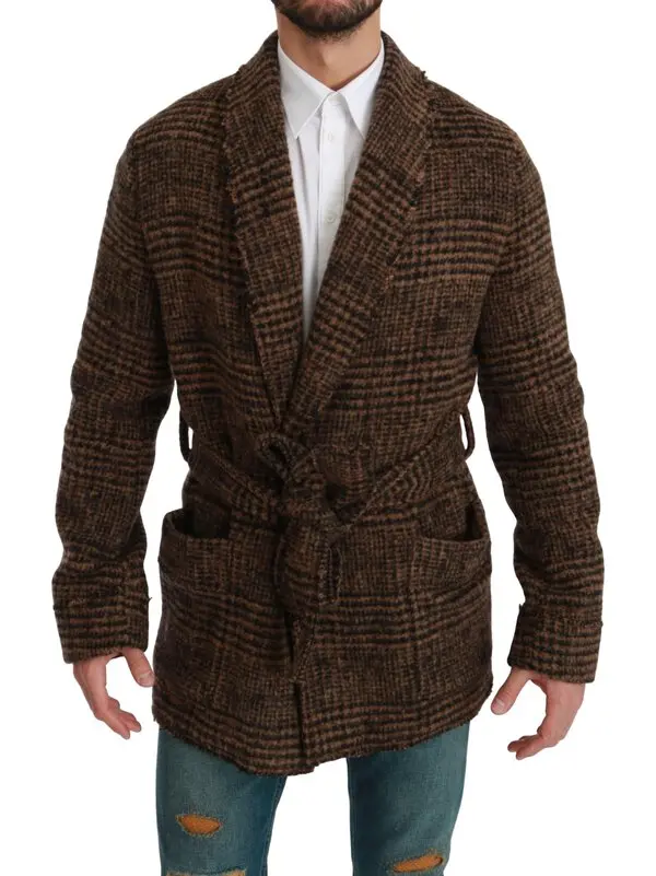 Dolce & Gabbana Checked Wool Blend Robe Coat - Brown