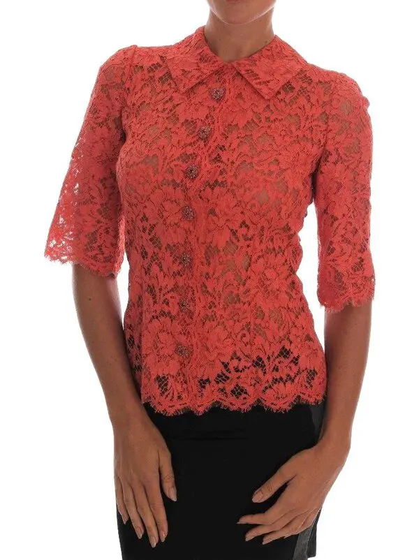 Dolce & Gabbana Floral Lace Crystal Button Blouse - Orange
