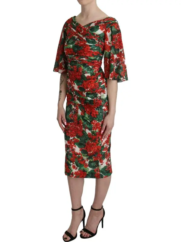 Dolce & Gabbana Floral Print Stretch Silk Sheath Midi Dress - Red
