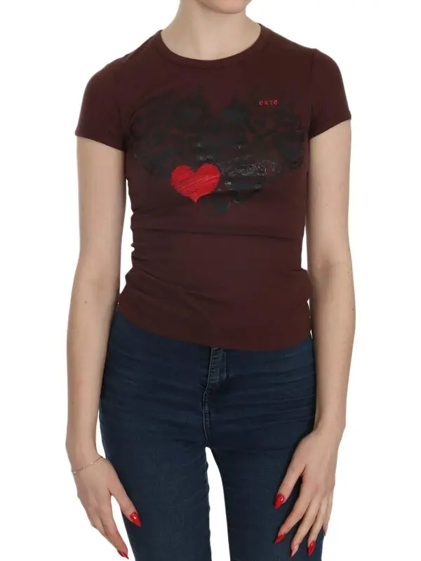 EXTE Hearts Print Crew Neck Short Sleeve T-shirt Top - Brown
