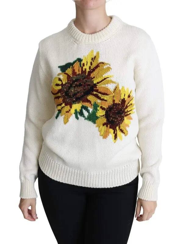 Dolce & Gabbana Floral Wool Pullover Sunflower Sweater - White