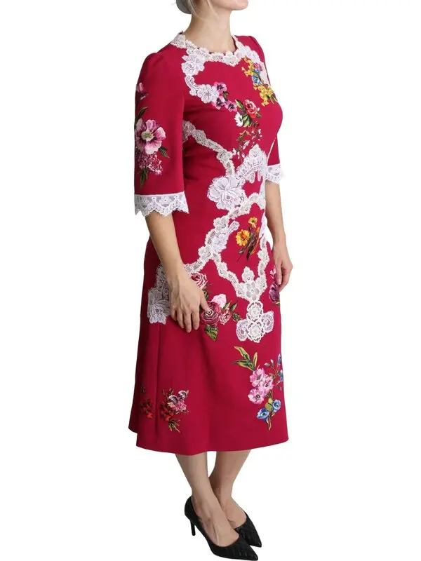 Dolce & Gabbana Floral Embroidered Sheath Midi Dress - Red