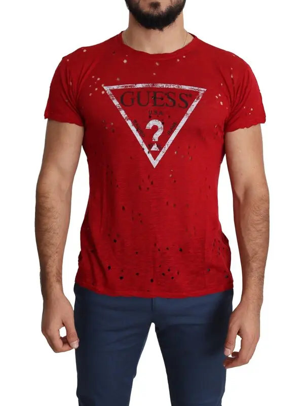 Guess Cotton Logo Print Casual Top Perforated T-shirt - Red