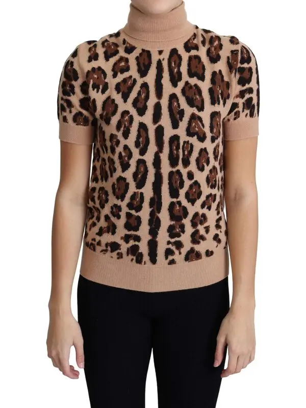 Dolce & Gabbana Leopard Print Virgin Wool Turtleneck Top - Beige