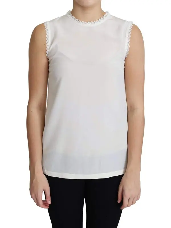 Dolce & Gabbana Silk Lace Trimmed Sleeveless Blouse Top - White