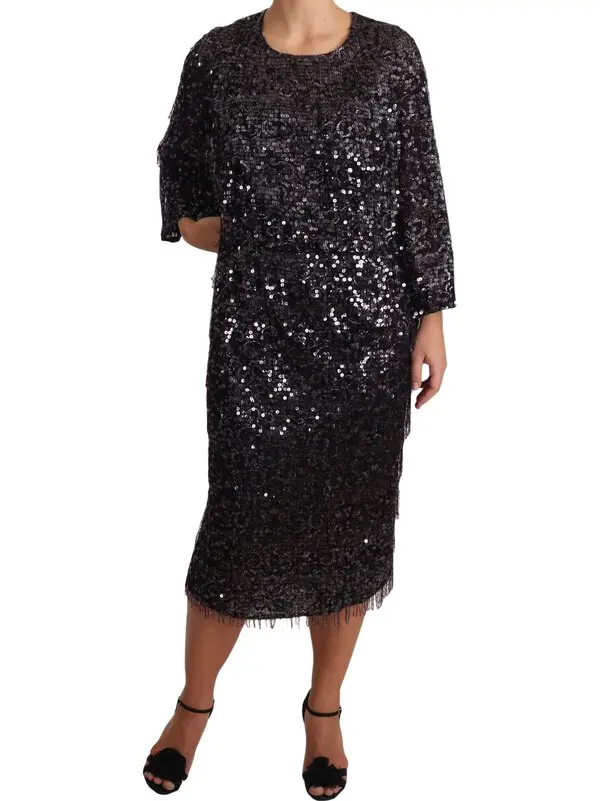 Dolce & Gabbana Long Sleeve Sequined Shift Midi Dress - Black