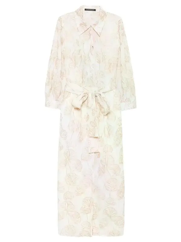 LUISA CERANO Leaf-embroidered Belted Midi Dress - Neutrals