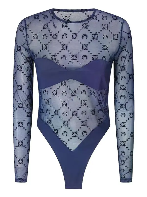 MARINE SERRE Moonogram Flock-print Mesh Bodysuit - Blue
