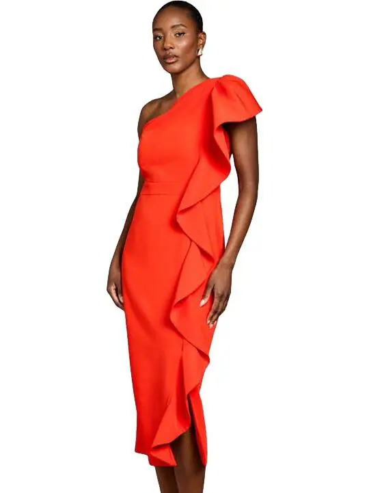 Coast One Shoulder Pencil Midi Dress - Flame Red