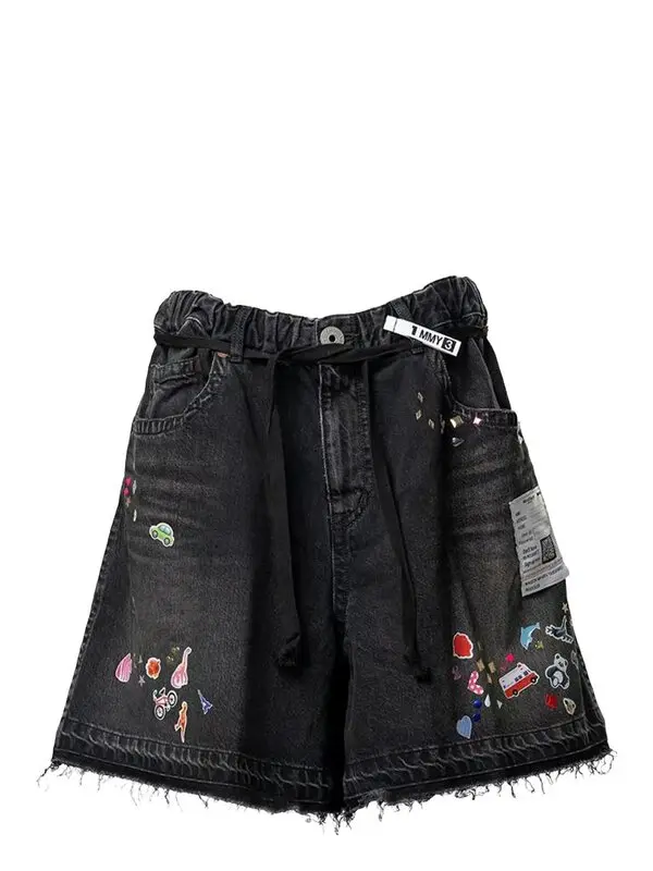 Mihara Yasuhiro Sticker-print Denim Shorts - Black
