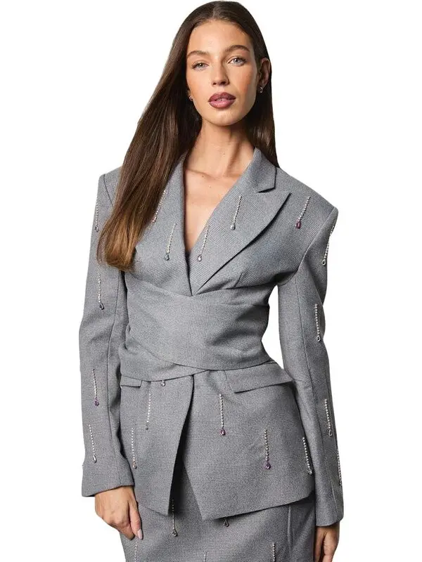 Coast Muse Check Tie Front Embellished Blazer - Grey