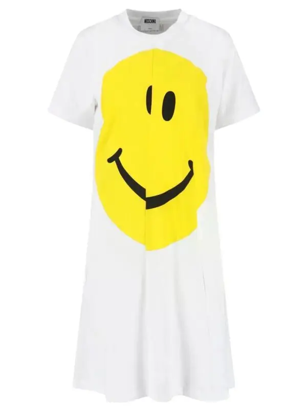 Moschino Smiley Print A-line Midi Dress - White