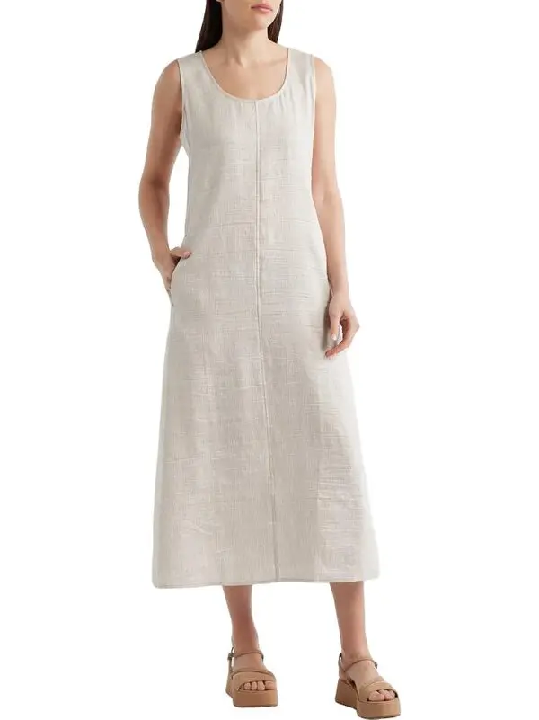 Eileen Fisher Scoop Neck Linen Blend Dress - Wheat