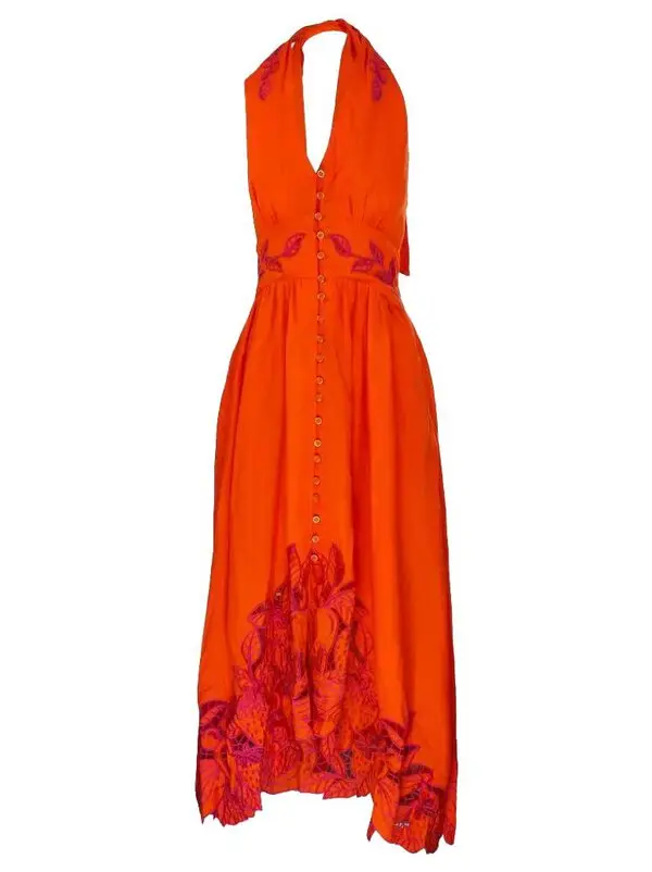 Farm Rio Embroidered Halterneck Dress - Orange