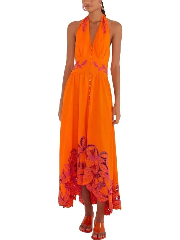 Farm Rio Embroidered Halterneck Dress - Orange