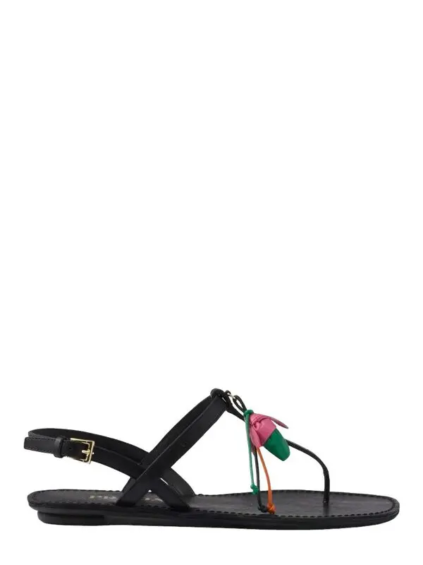Prada Antiqued Leather Thong Sandals With Floral Ornament - Black