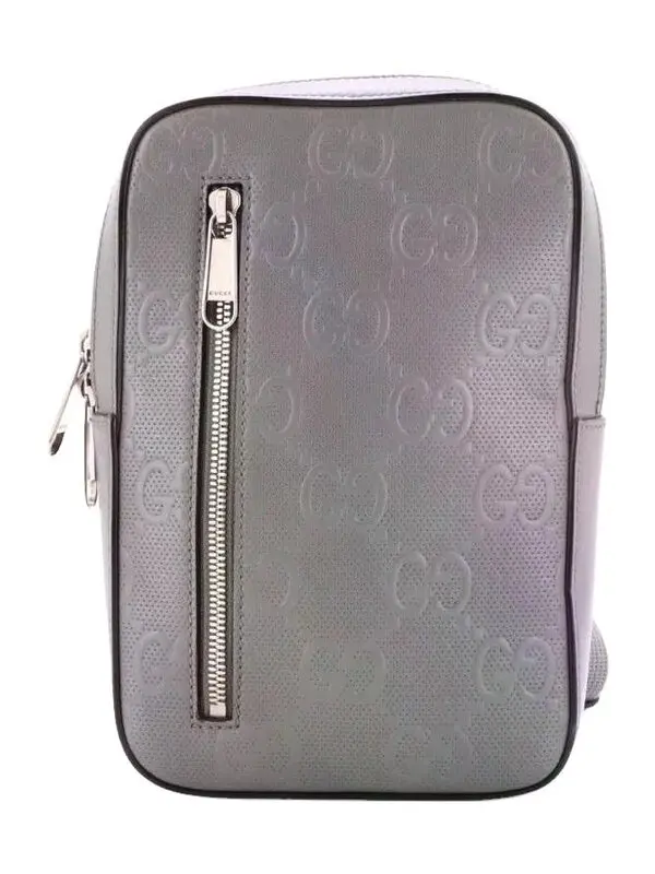 Gucci Sling Gg Embossed Perforated Leather Backpack - Grey