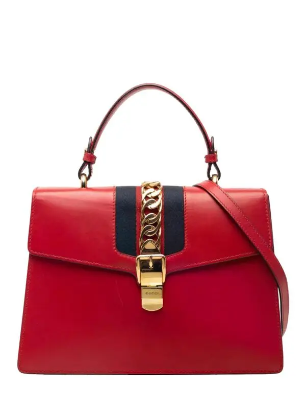 Gucci Medium Leather Web Sylvie Top Handle Satchel - Red