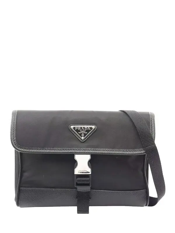 Prada Saffiano Trimmed Re-nylon Buckle Messenger Bag - Black