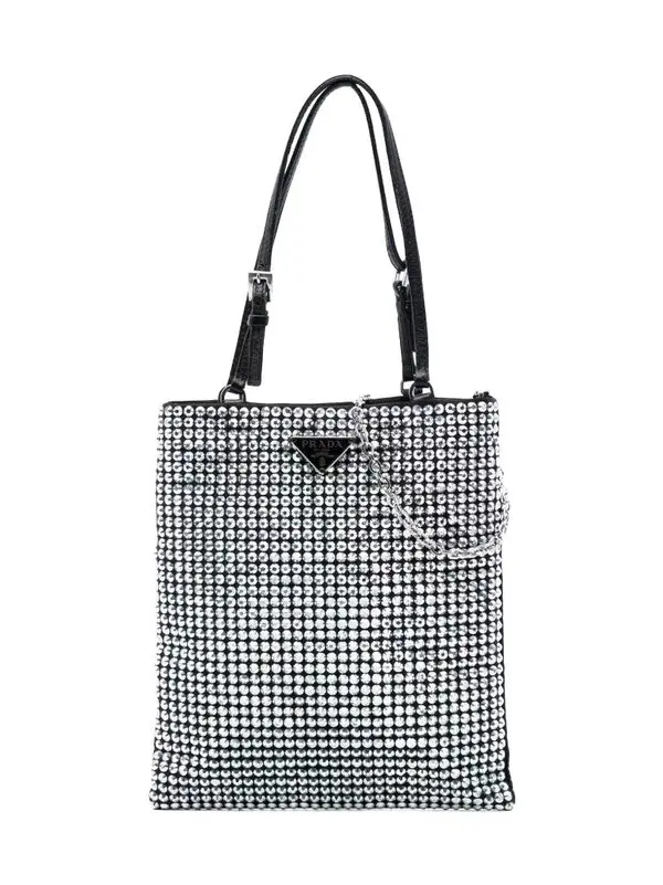 Prada Satin Crystal Embellished Flat Tote Satchel - Black
