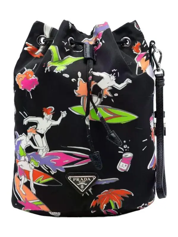 Prada 2000-2013 Tessuto Graphic Surf Drawstring Pouch - Black