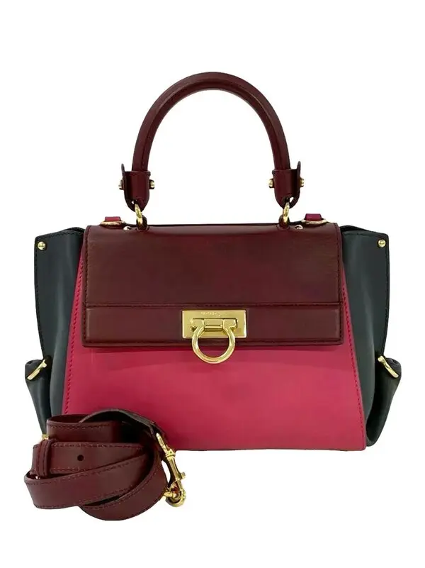 FERRAGAMO Small Tricolor Leather Gancini Sofia Satchel - Pink