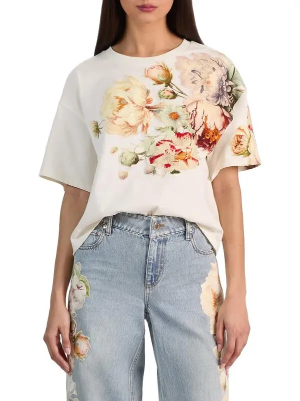 Alice + Olivia Evan Appliqué Oversized T-shirt - Ecru/multi