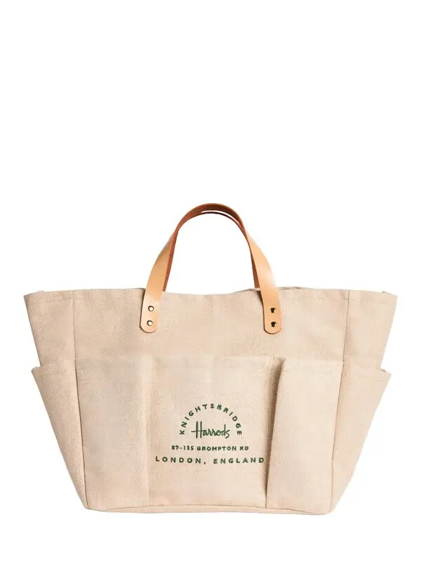 Harrods Jute Tote Bag With Exterior Pockets - Neutral