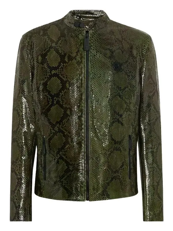 Philipp Plein Python Leather Biker Jacket - Green