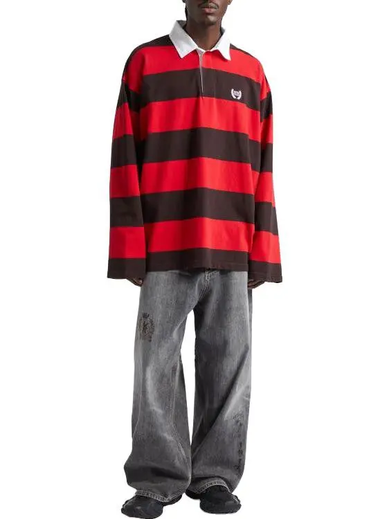 Balenciaga Laurel Embroidered Stripe Mixed Media Rugby Polo - 1273 Dark Brown/red
