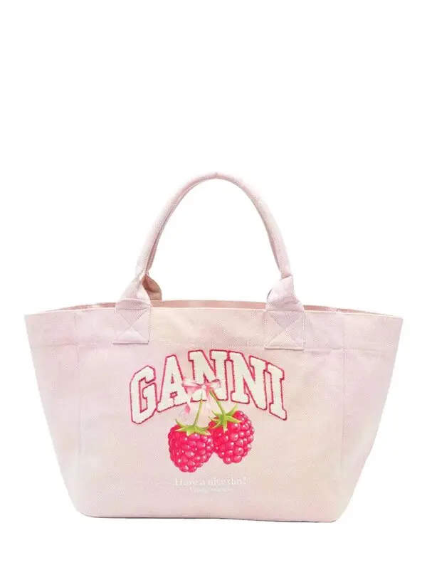 GANNI Logo-patch Raspberry-print Tote Bag - Pink