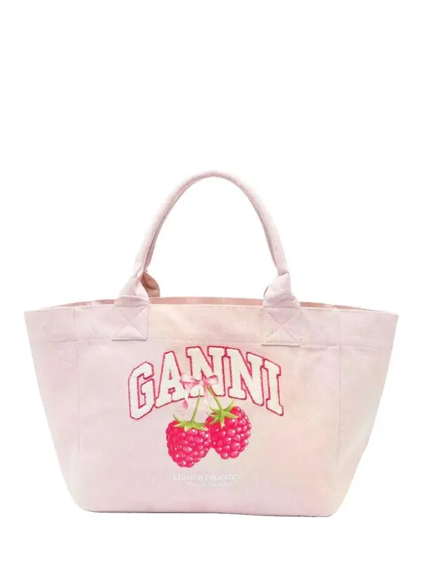 GANNI Logo-patch Raspberry-print Tote Bag - Pink