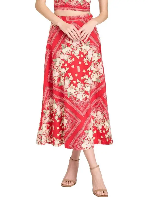 WAYF Edith Linen Blend Midi Skirt - Red Scarf