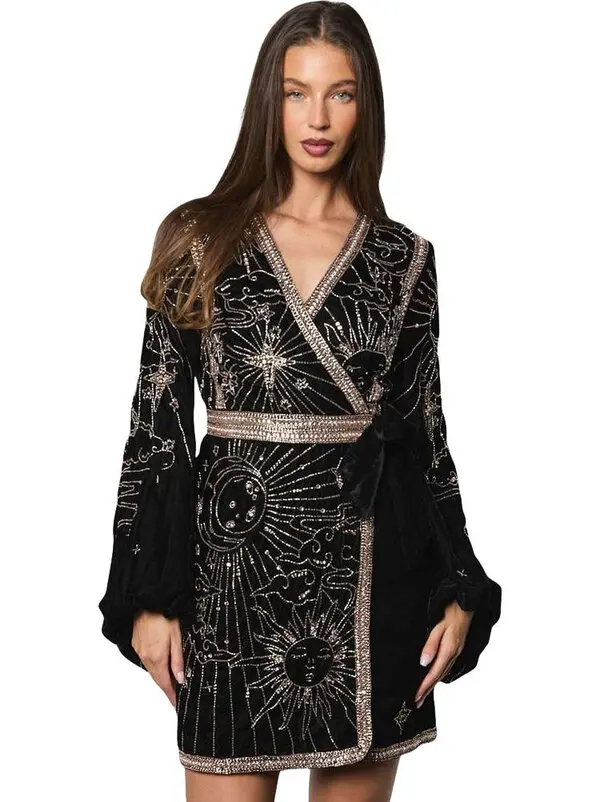 Coast Sequin Embellished Velvet Wrap Mini Dress - Black