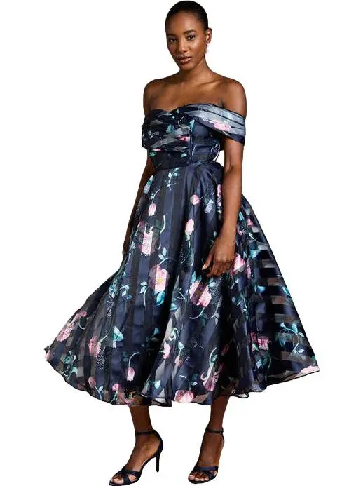 Coast Stripe Organza Pleated Bardot Midi Dress - Navy