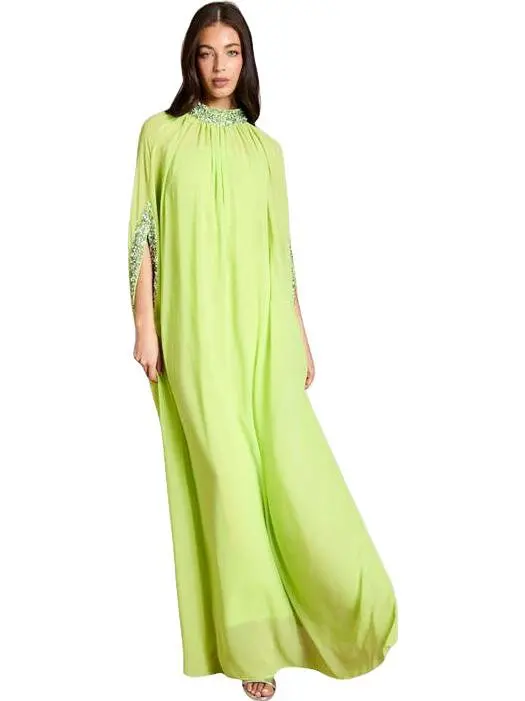 Coast Muse Chiffon Cape Dress With Embellished High Neckline - Lime