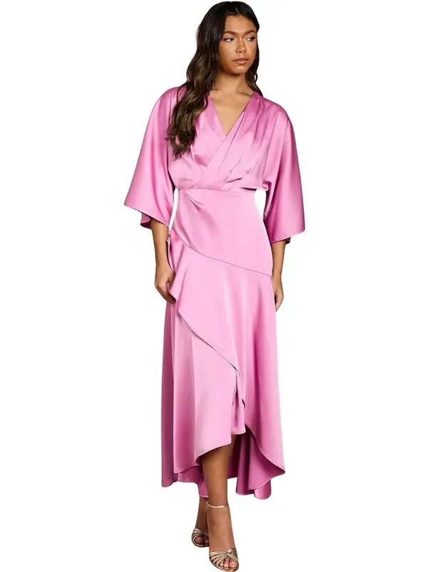 Coast Satin Back Crepe Ruffle Wrap Midi Dress - Pink