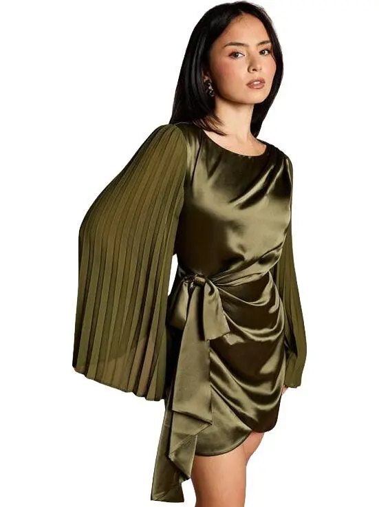 Coast Petite Satin Pleated Flare Sleeve Wrap Mini Dress - Olive