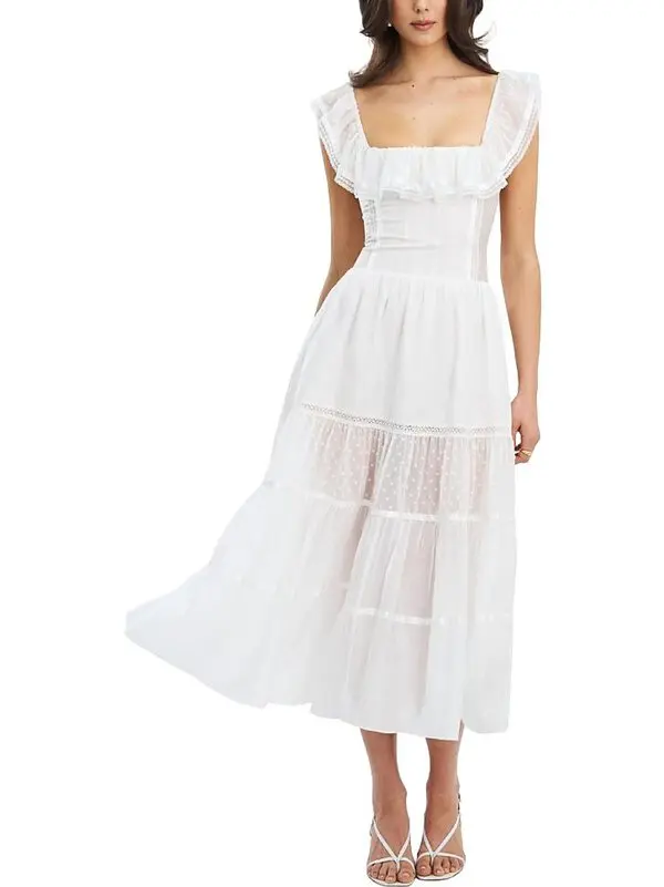 MISS CIRCLE Square Neck Ruffle Trim Midi Dress - White