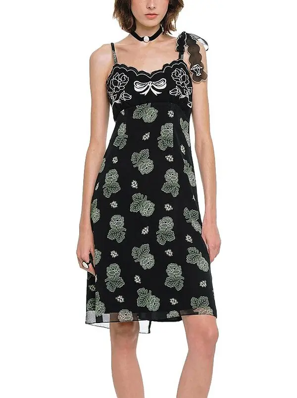 Anna Sui Lily And Roses Chiffon Embroidered Slip Dress - Black