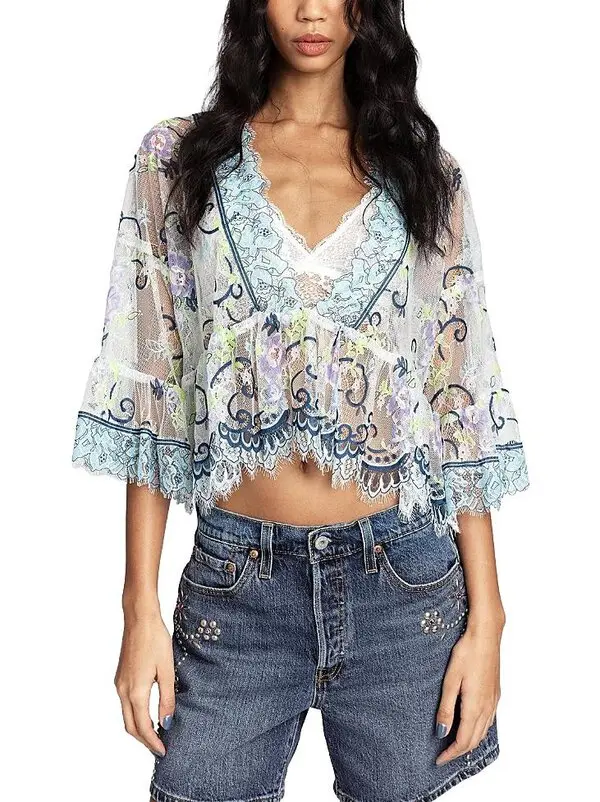 Anna Sui Lady Chatterley's Lace V-neck Top - Denim Multi