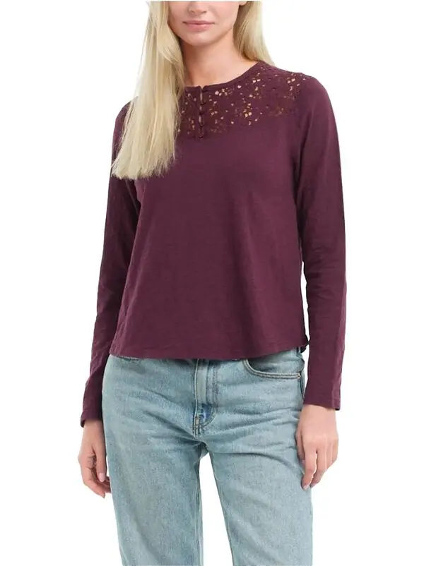 WILT CLOTHING Lace Yoke Henley Tee - Dark Fig