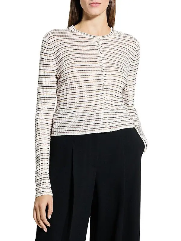 Theory Cropped Striped Cardigan - Bone Pink Multi