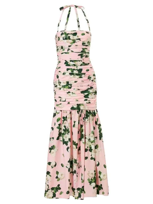 Carolina Herrera Rose-print Gathered Midi Dress - Pink